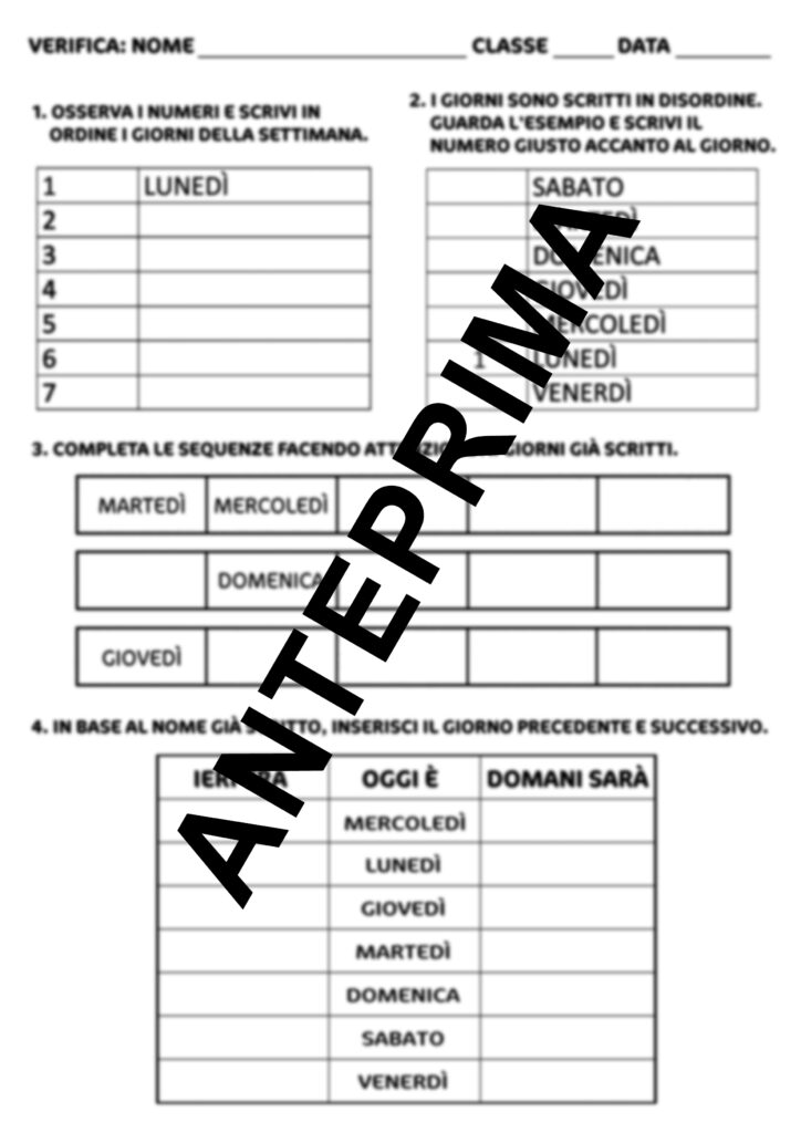 VERIFICA SUI GIORNI DELLA SETTIMANA CLASSE PRIMA O SECONDA • Edudoro