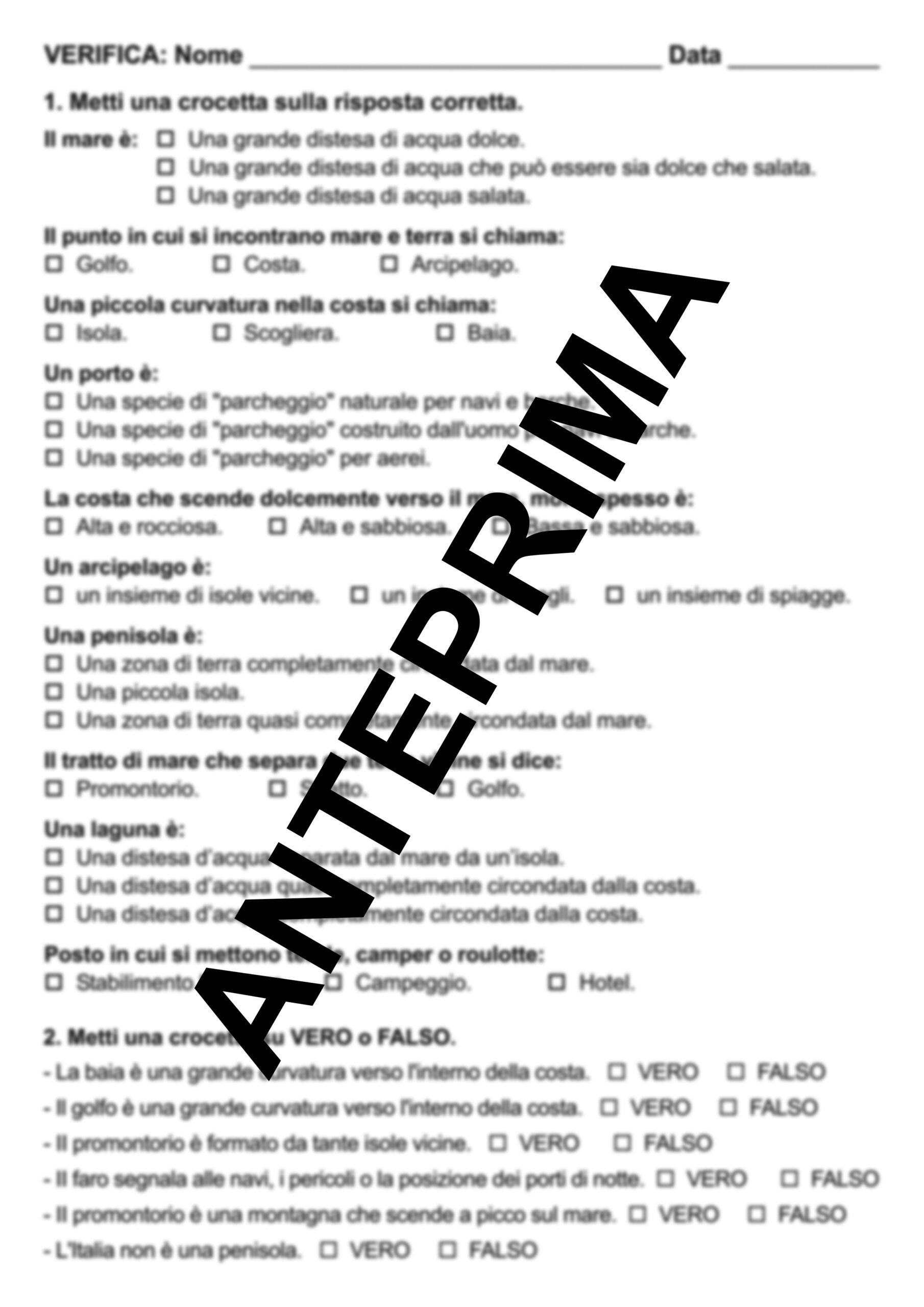 VERIFICA SULL'AMBIENTE DEL MARE CLASSE SECONDA PRIMARIA • Edudoro