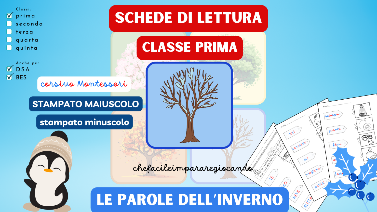 INVERNO - SCHEDE LETTURA - CLASSE PRIMA - STAMPATO MAIUSCOLO MINUSCOLO ...