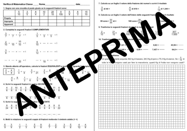 VERIFICA DI MATEMATICA SULLE FRAZIONI CLASSE QUINTA - SCUOLA PRIMARIA ...