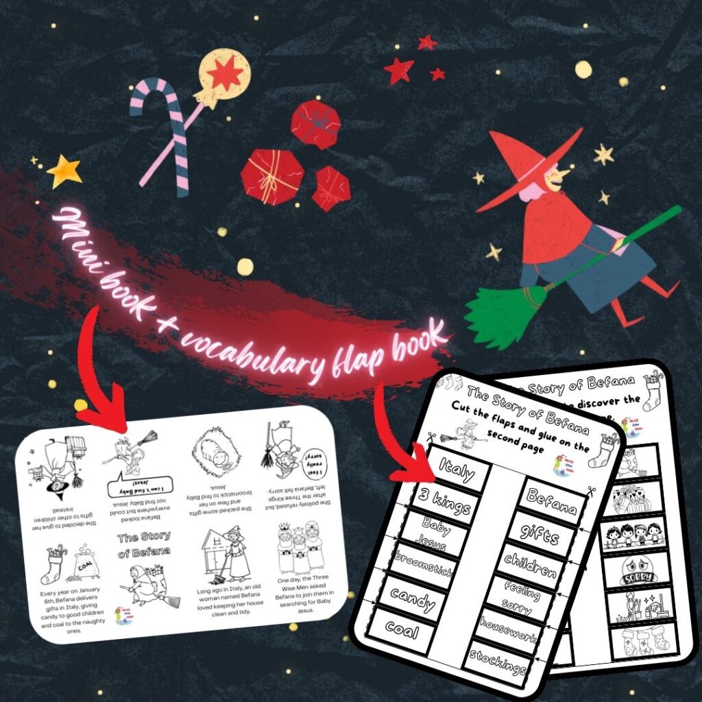The Story of Befana: mini book + vocabulary flap book • Edudoro