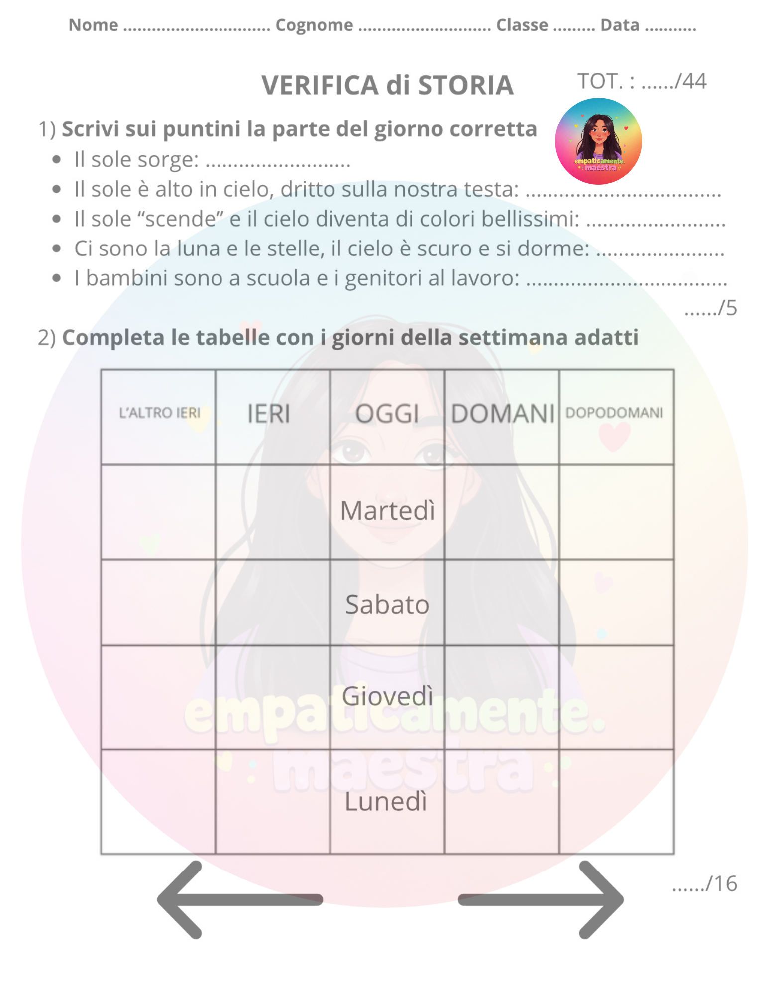 VERIFICA STORIA PARTI DEL GIORNO, GIORNI DELLA SETTIMANA, MESI ...