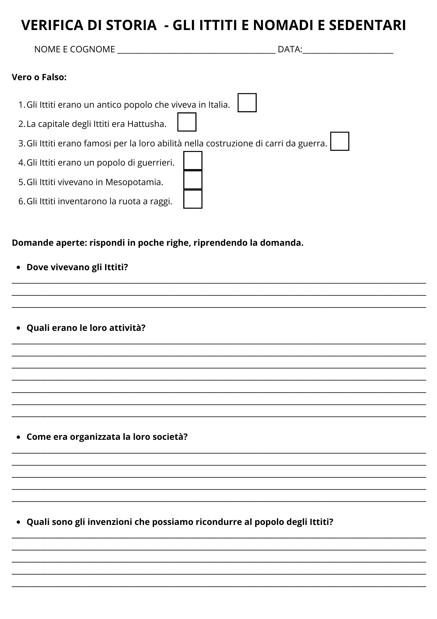Verifica sugli Ittiti - Quarta primaria • Edudoro