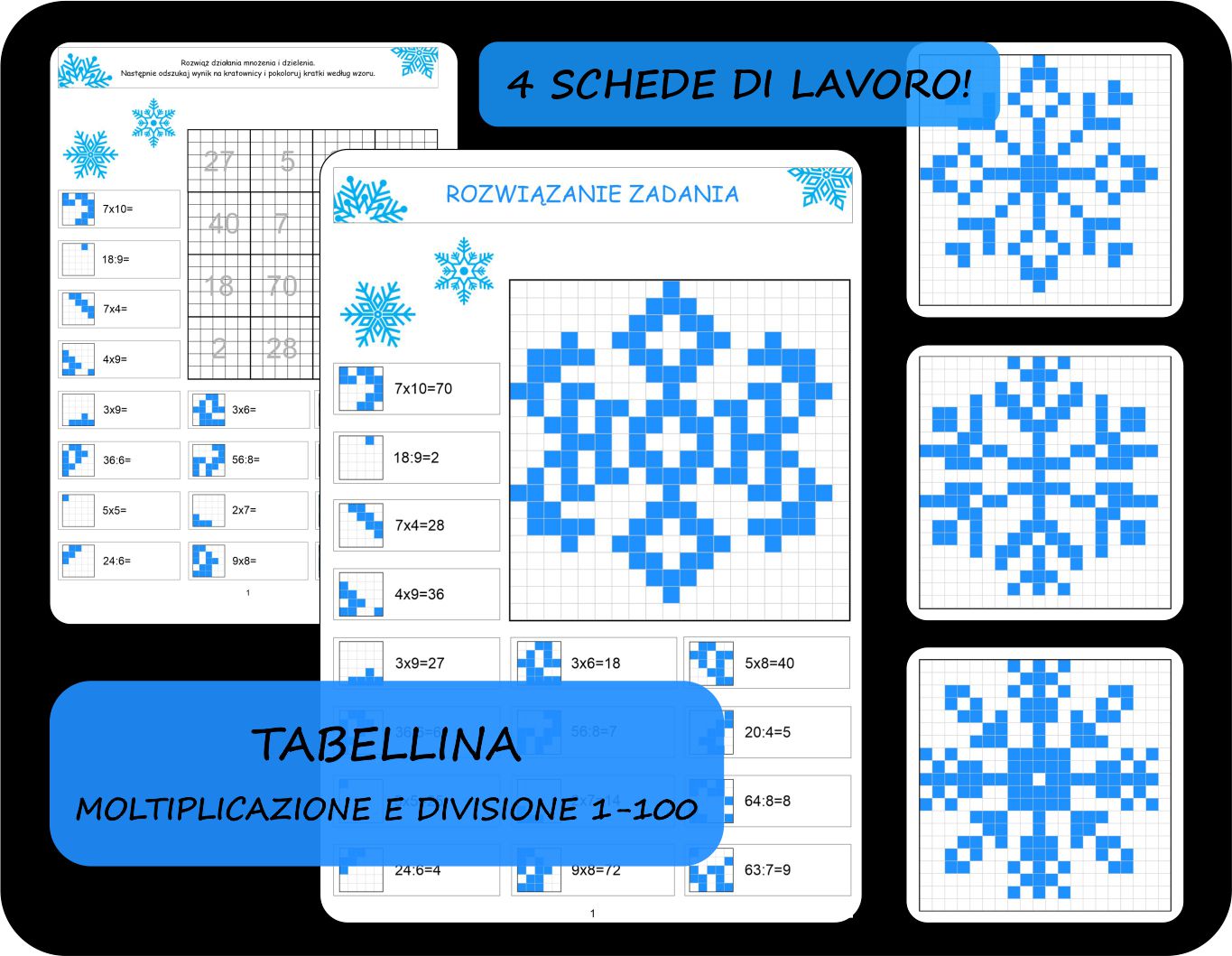 Coding unplugged, tabellina, moltiplicazione e divisione 1-100, calcola e colora, tema inverno ...